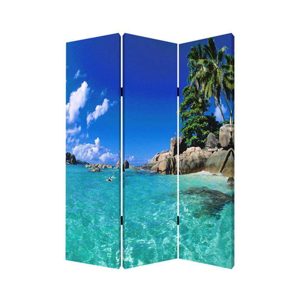 Benjara Multicolor 3 Panel Foldable Canvas Screen with Exotic Oceanside ...
