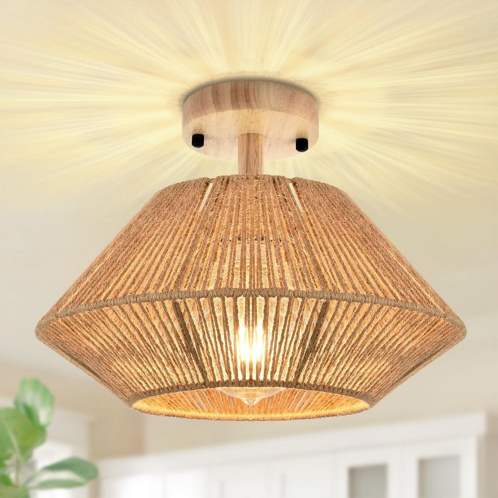 Henveton Essel 13.97 in. 1-Light Wooden Semi-Flush Mount Ceiling Light ...