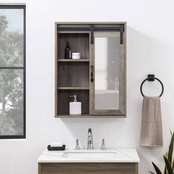 Welwick Designs Grey Wash Wood Farmhouse Wall Storage Cabinet with Sliding Mirror Door HD9245 The Home Depot