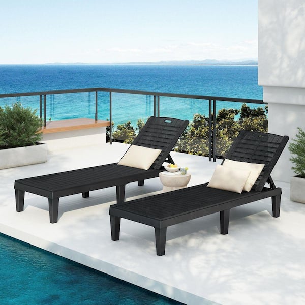 Sudzendf 2-Piece Black Plastic Outdoor Chaise Lounge with Adjustable ...