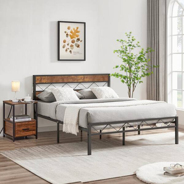 Platform Bed Frame Nightstand with Charging Station Set 3 Piece Brown Metal Wood Queen Bedroom Set