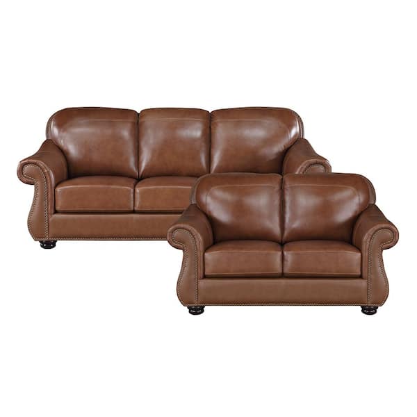 Lazzara Beven 85 in. W Rolled Arm Leather Rectangle 2-Piece Living Room ...