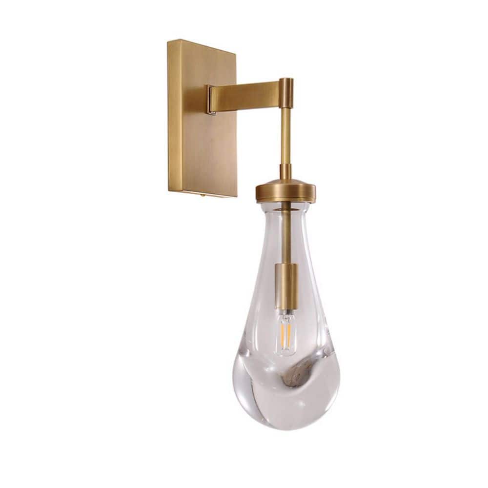 PUYRNF 5 in. 1 Light Brass Raindrop Wall Sconce, Modern Glass Shade ...