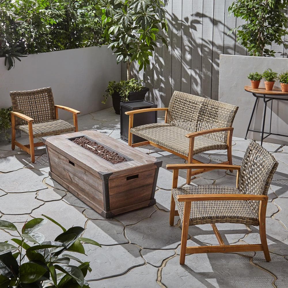 Noble House Azalea Natural Stained 5-Piece Wood Outdoor Patio Fire Pit ...