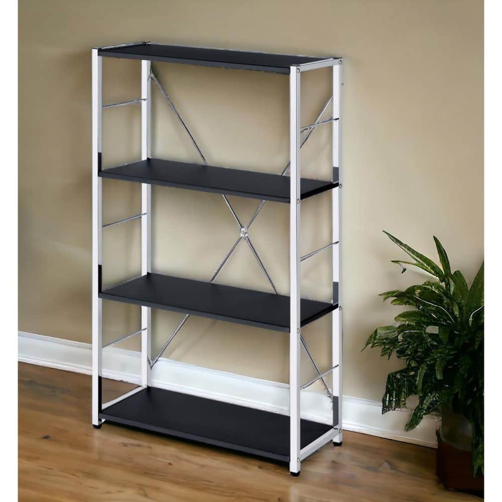 HomeRoots 42 in. Tall Black, Silver Metal 4 Shelf Standard Bookcase ...