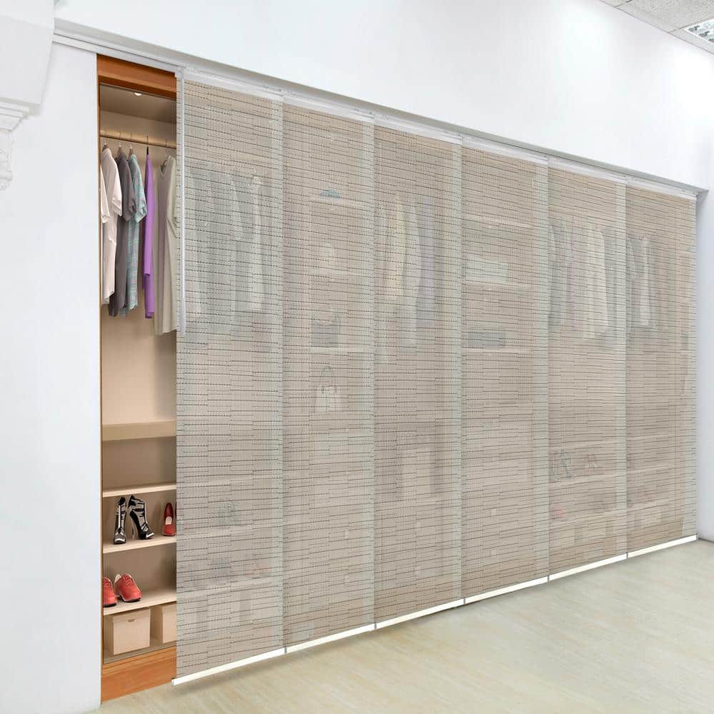 EMOH Ornate Ash 70 in.- 130 in. W x 116 in. L Adjustable 6-Panel White Single Rail Panel Track ...