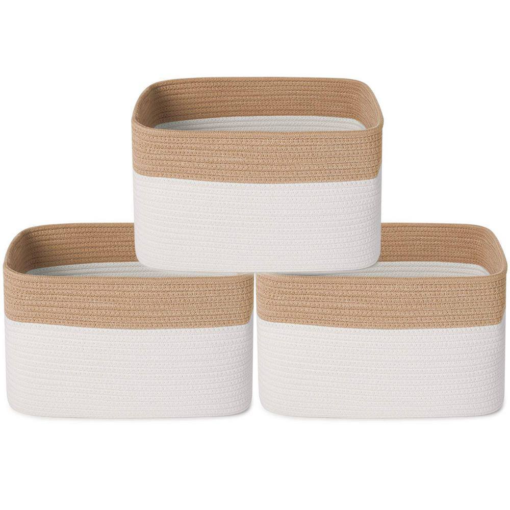 3-Pieces White/Brown Woven Cotton Rope Storage Baskets with Handles ...