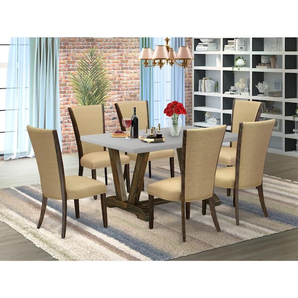 East West Furniture 7-Piece Natural Oak Finish Solid Wood Top Dining Table with 6-Chairs with ...