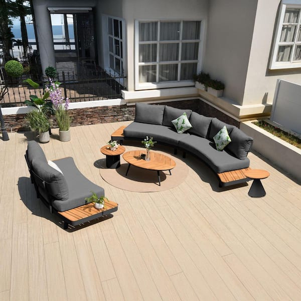 DEKO LIVING 6 Piece Outdoor Gray Aluminum and Teak Contour Sofa Set ...