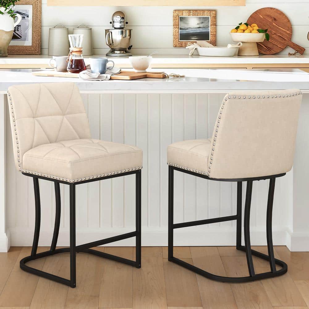 LUE BONA Apricot Gray Faux Leather Bar Stool Metal Frame Upholstered ...