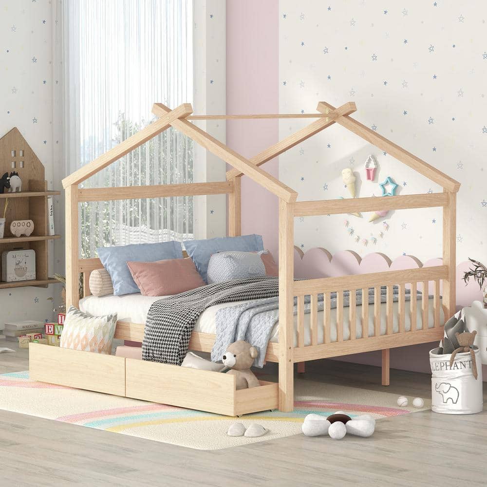 Harper & Bright Designs Natural Full Size Wood House Bed, Kids Bed with ...