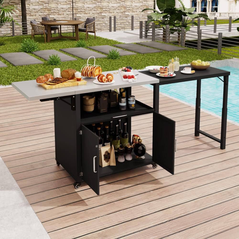 Expandable Outdoor Serving Cart with Fold Outside Tables Storage ...