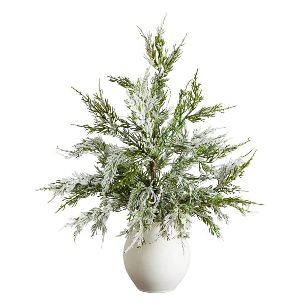 Nearly Natural 18 in. Pre-Lit Artificial Mini Snowed Cypress Christmas ...