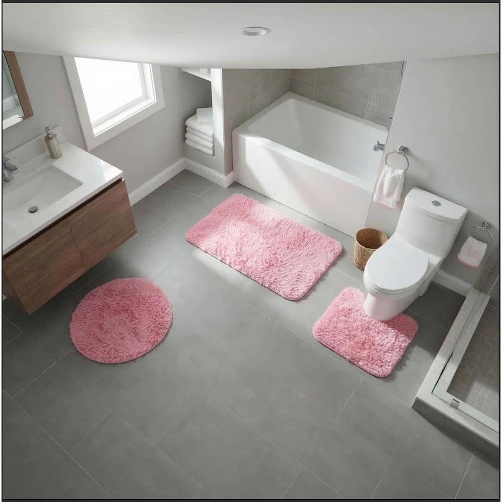 Vsmile Pink Bathroom Rugs, 3-Pieces Polyester Bath Mats Set, Anti-Slip ...