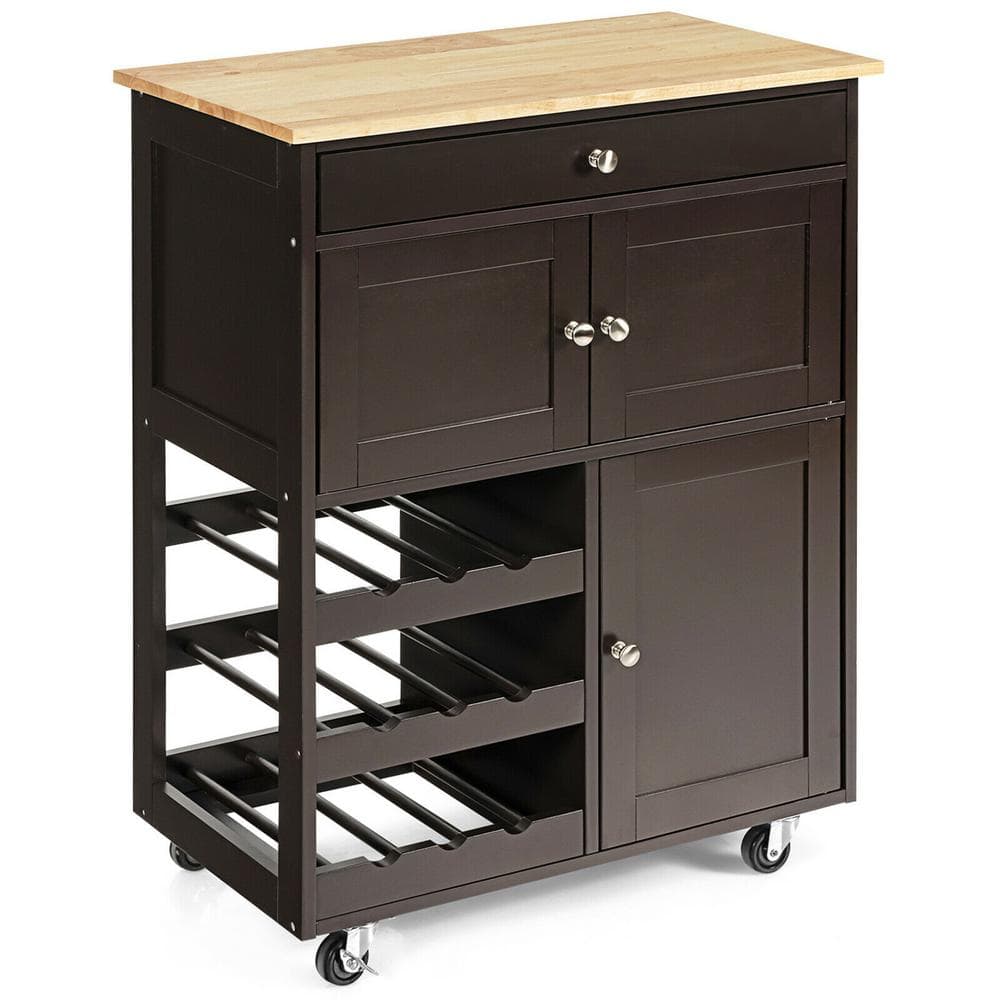Gymax Rolling Kitchen Island Serving Cart Storage Cabinet w/Wine Rack ...