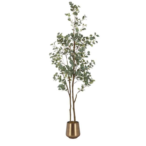 Kate and Laurel 8 ft. Artificial Eucalyptus Tree in Gold Metal Pot ...