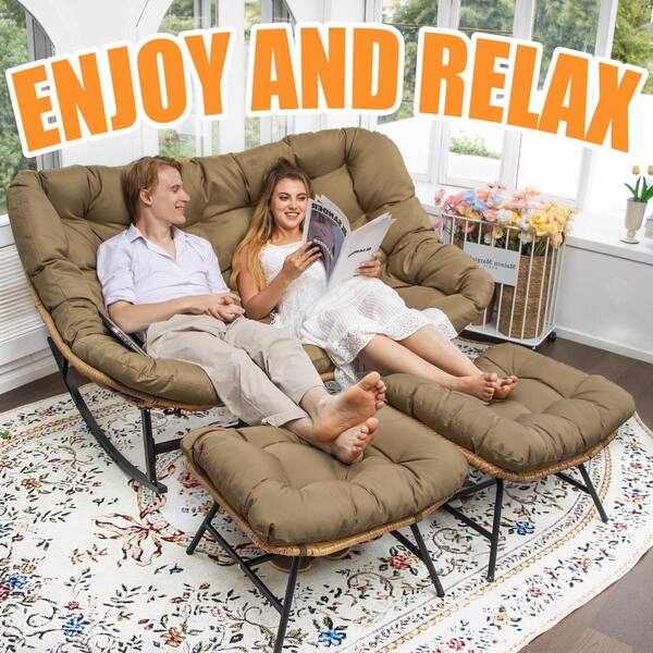 Unbranded Oversized PE Wicker Outdoor Rocking Chair Double Egg Chair Rocker Papasan Chair Loveseat with Brown Cushion and Ottoman HD RC BR NRT 1095 FR
