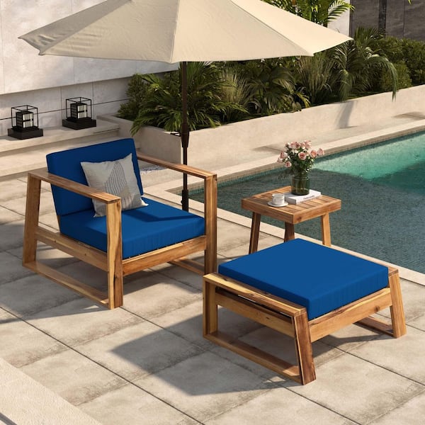 3-Pieces Acacia Wood Patio Conversation Set, Outdoor Lounge Set with Blue Cushions, Ottoman and ...