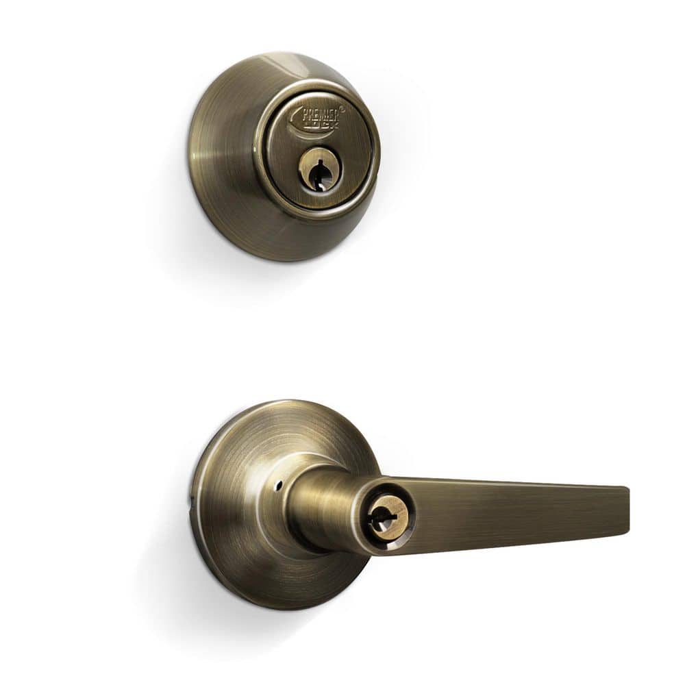 Premier Lock Antique Brass Entry Lock Set Door Lever Handle and ...
