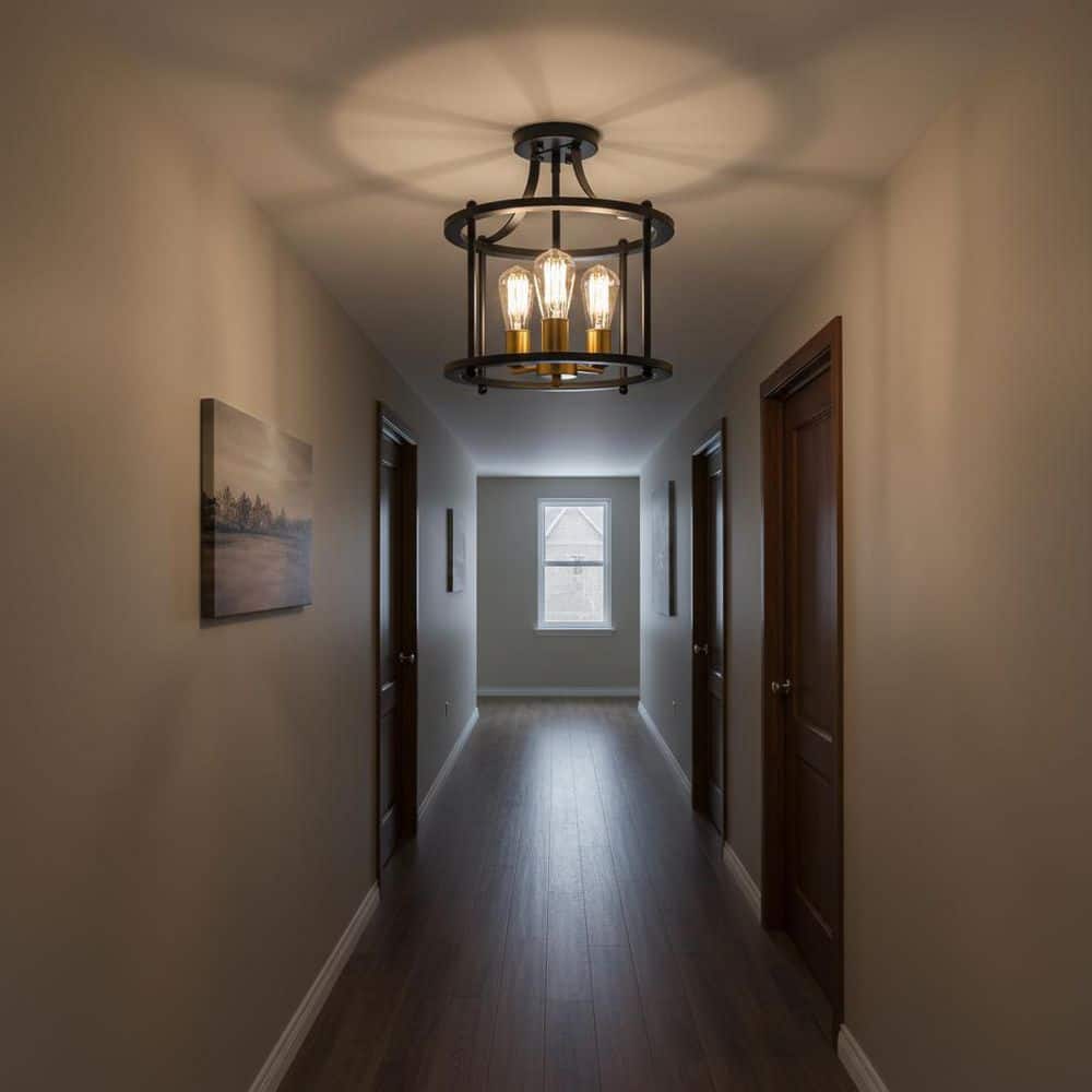 Reviews for YANSUN 13 in. 3-Light Black and Gold Farmhouse Semi Flush ...
