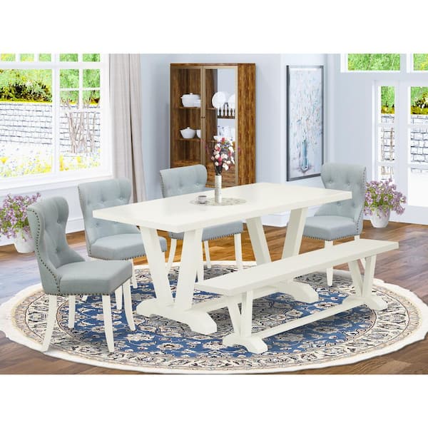 East West Furniture 6-Piece Natural Oak Finish Solid Wood Top dining Table with 1-Bench and 4 ...