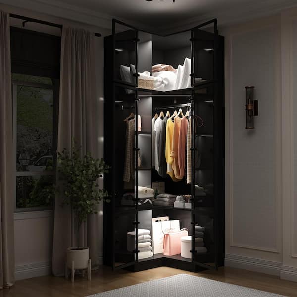 Black Wood 35.4 in. W 4 Door Corner Wardrobe Armoires Storage Display Cabinet with Glass Doors Hanging Rod LED Lights