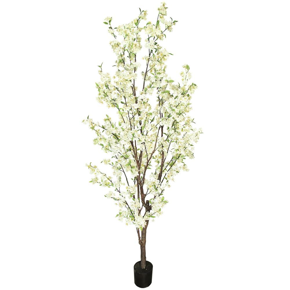 LIVING LUXURY 8.5 ft. Cream White Artificial Cherry Blossom Flower Tree ...