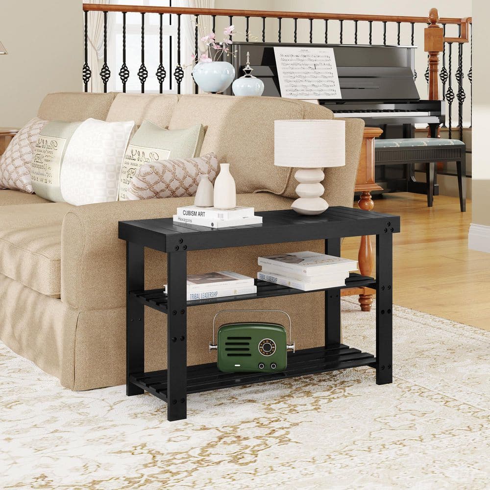 Seafuloy 27.5 in. Black Bamboo Wood Shoe Bench with Gray Cushion-3-Tier ...