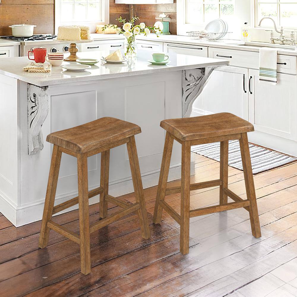 cozyman 24 in. Natural Solid Wood Backless Saddle Counter Stool, Bar ...