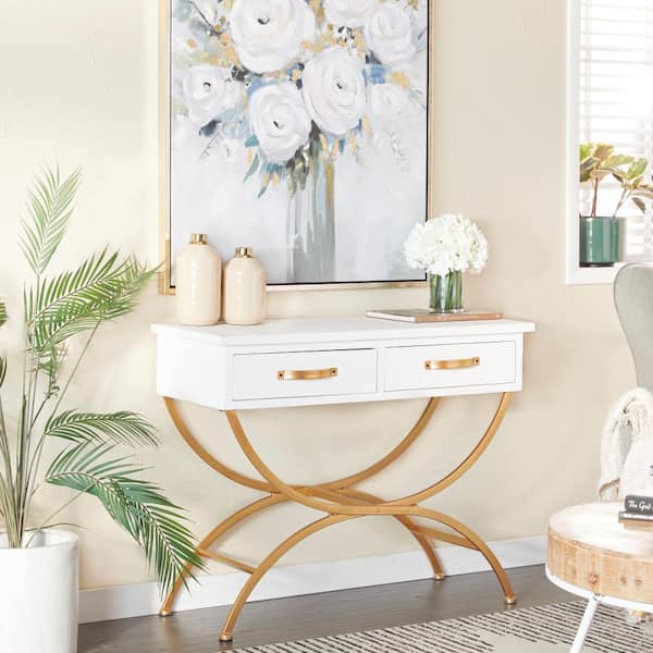 Litton Lane 40 in. White Extra Large Rectangle Wood 2 Drawers Console Table with Arched Base 040664 The Home Depot