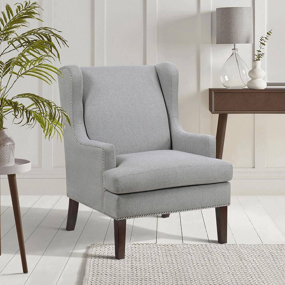 Lazzara Helena Gray Textured Fabric Upholstery Nailhead Trim Accent Arm ...