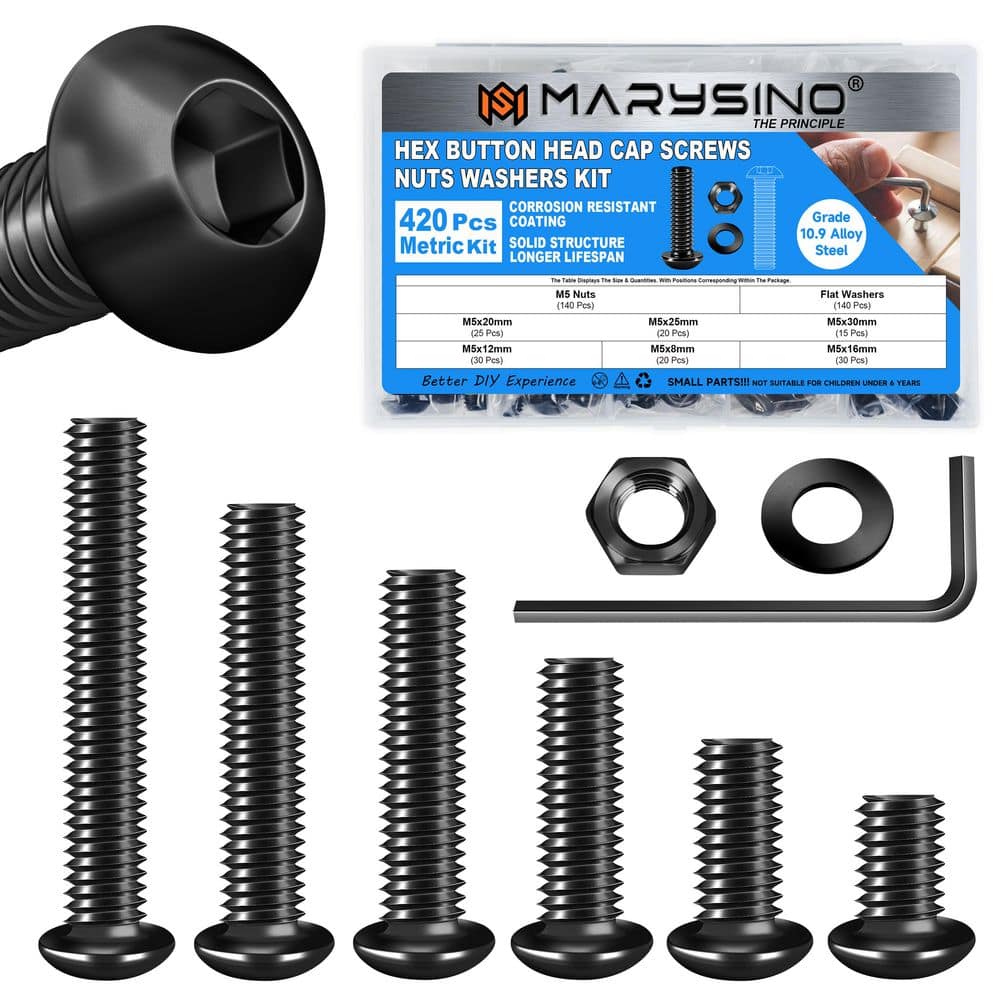 MarySino M5 Hex Button Head Cap Screw and Bolt Assortment Kit, 10.9 ...