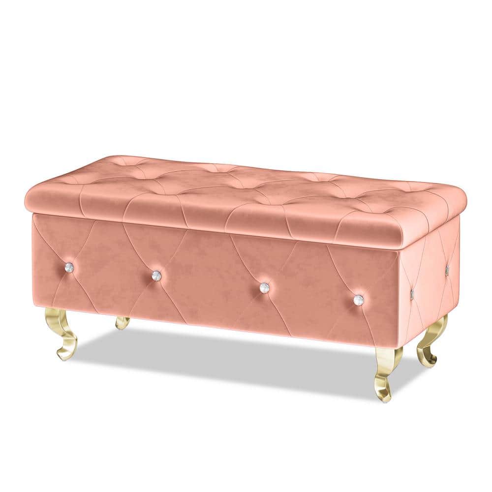 mieres Contemporary Style Pink Velvet Bench with Tufted Flip Top (17.7 ...