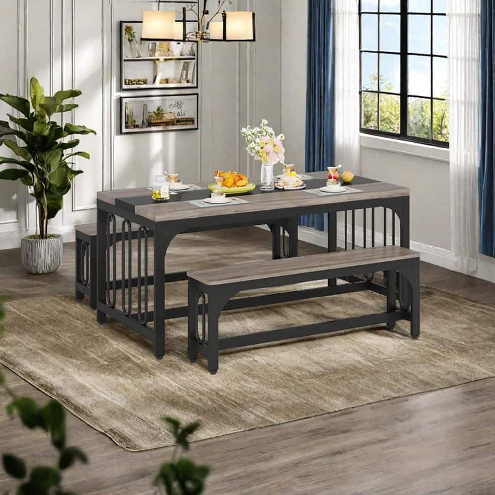 BYBLIGHT Roesler 3-Piece Gray Wood Dining Table with Bench Seats 4-6 ...