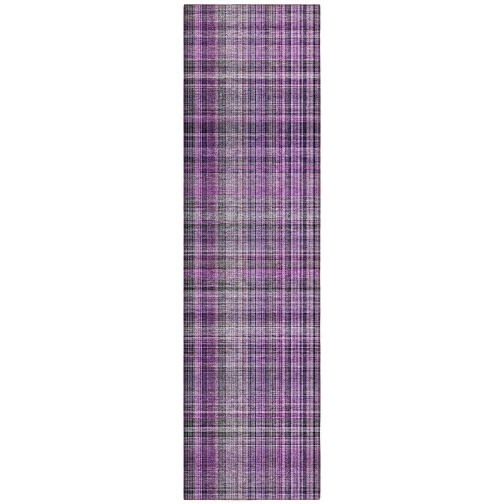 HomeRoots Purple 2 ft. x 8 ft. Woven Plaid Runner Indoor/Outdoor Area ...