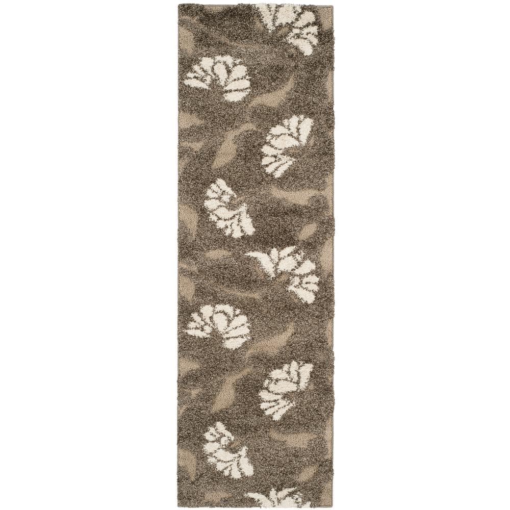 SAFAVIEH Florida Shag Smoke/Beige 2 ft. x 10 ft. Solid Floral Runner ...