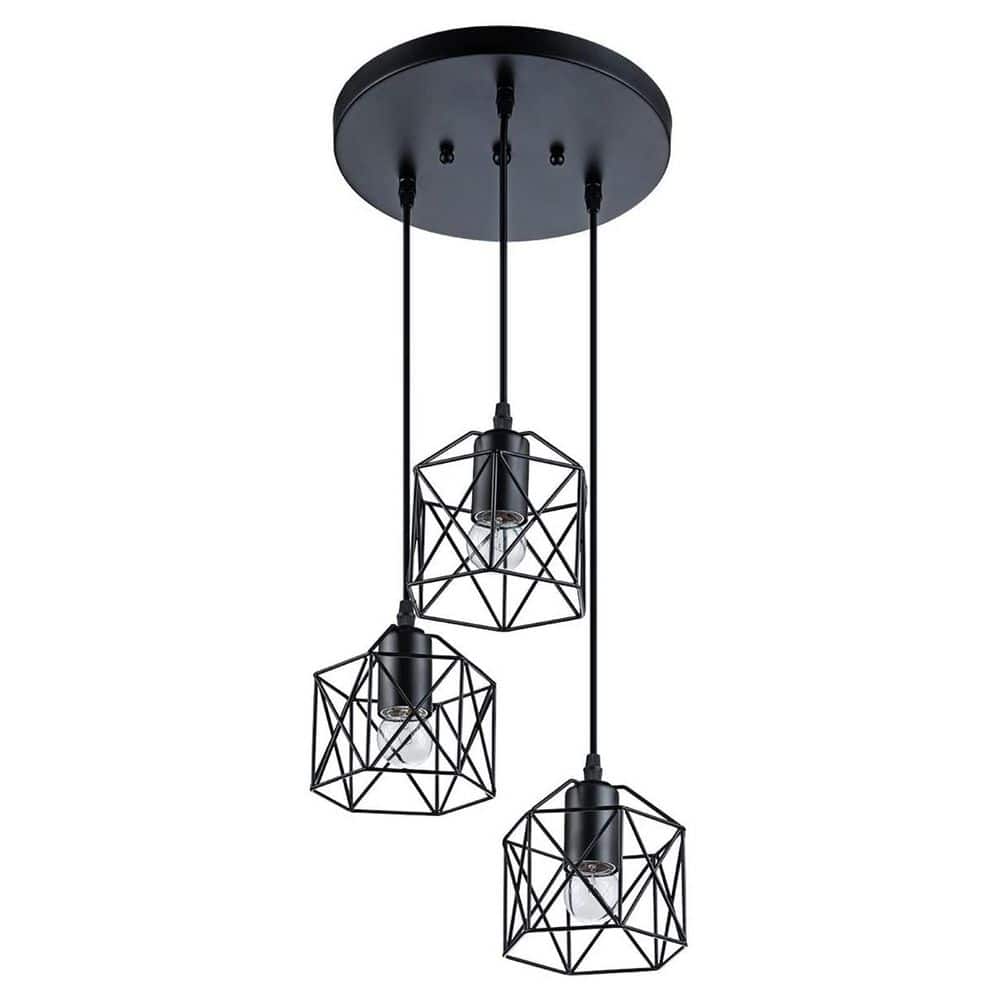 OUKANING 3-Light Modern Industrial Black Metal Cage Adjustable Height ...