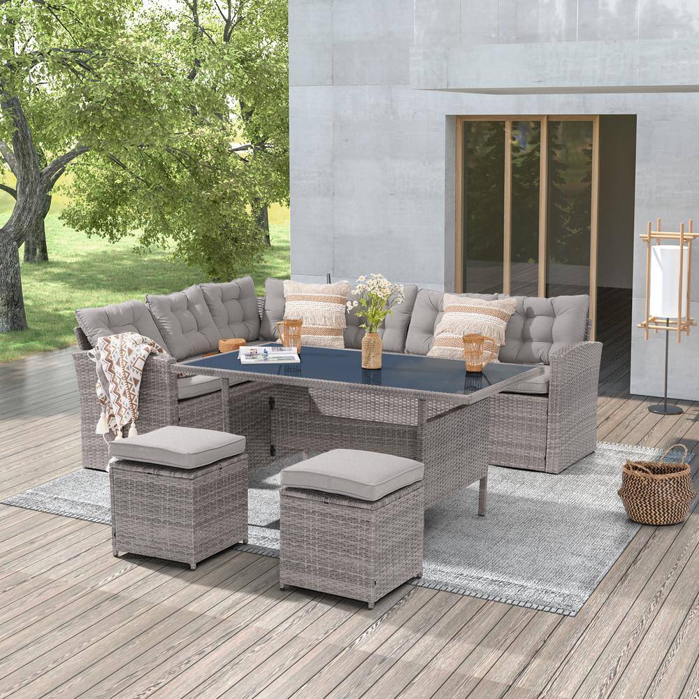 JOYESERY 5-Piece Patio Wicker Dining Sofa Set With 3-Seater Sofa, Linen ...