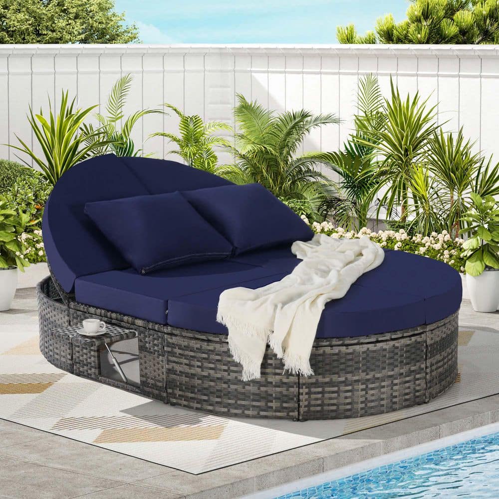 Zeus & Ruta Gray Wicker Outdoor Day Bed with Dark Blue Cushions, Pillows, Adjustable Backrests ...