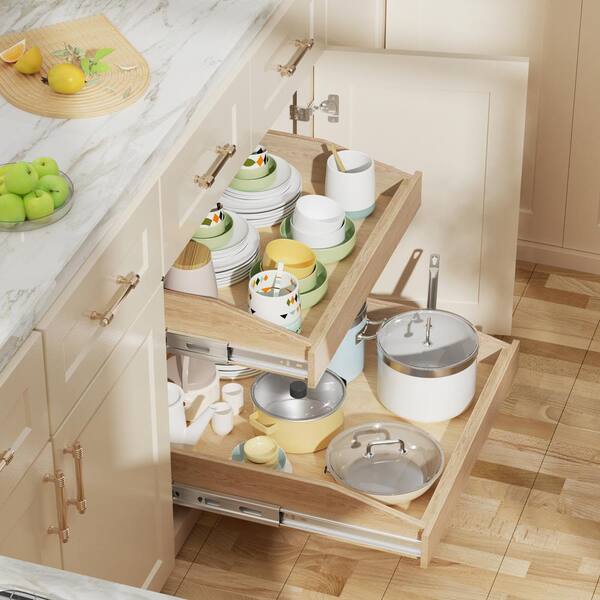 HOMEIBRO 22.5 in. W x 21 in. D 2-Tier Space Saver Wood Pull-Out ...