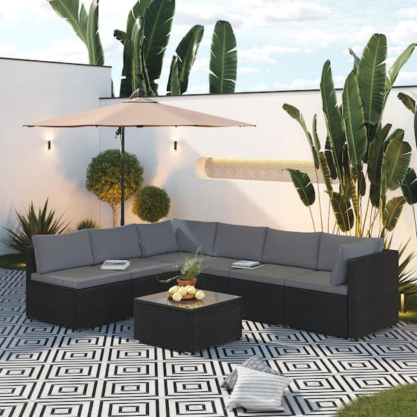 LQOFZ Black 7-Piece Wicker Patio Conversation Set with Gray Cushions ...