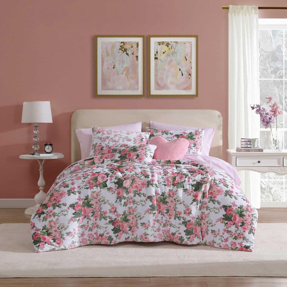 BETSEY JOHNSON Vintage Floral 4-Piece Pastel Pink/Purple Plush ...