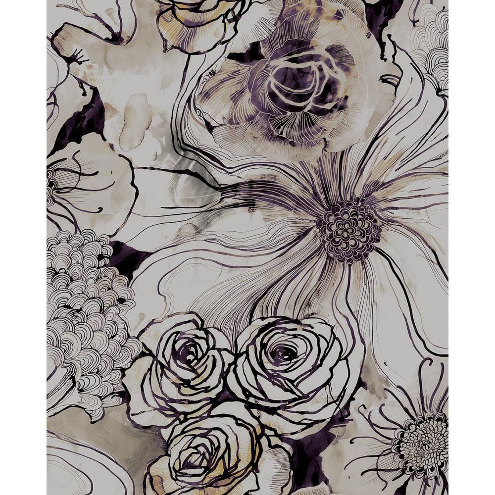 NextWall 30.75 sq. ft. Metallic Silver and Plum Ink Rose Vinyl Peel and ...