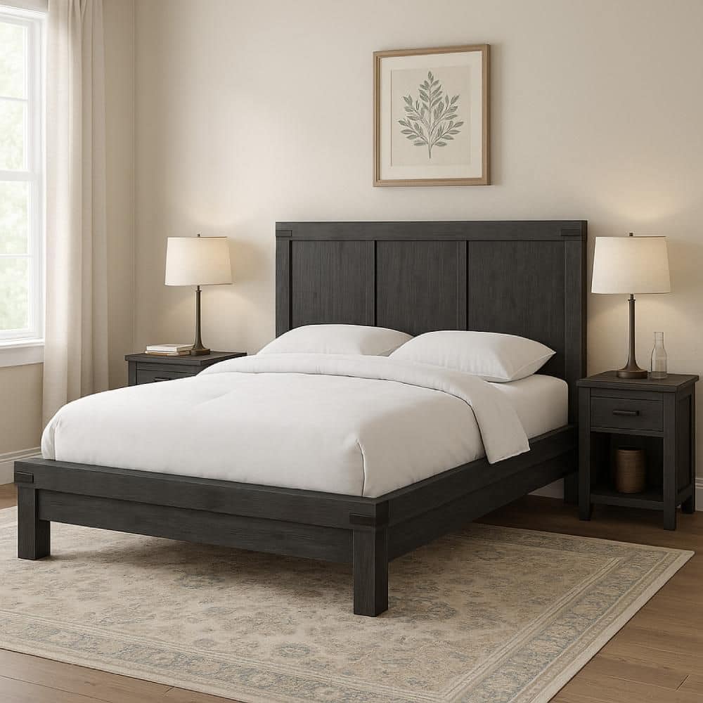 Benjara Gael Gray Wood Frame King Panel Bed with Panel Headboard ...