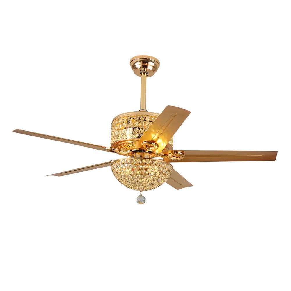 OUKANING 52 in. Indoor Morden Gold Crystal Lampshade Ceiling Fan Light ...