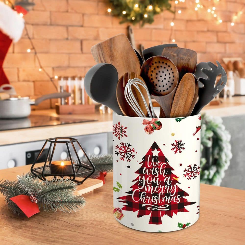 Wudkey Christmas Red Ceramic Utensil Holder with Classic Tree Pattern ...
