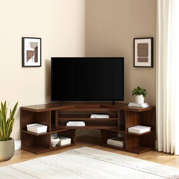 Welwick Designs 55 78 in. Dark Walnut Wood Modern Adjustable TV Stand for TVs Up to 82 in. HD9376 The Home Depot