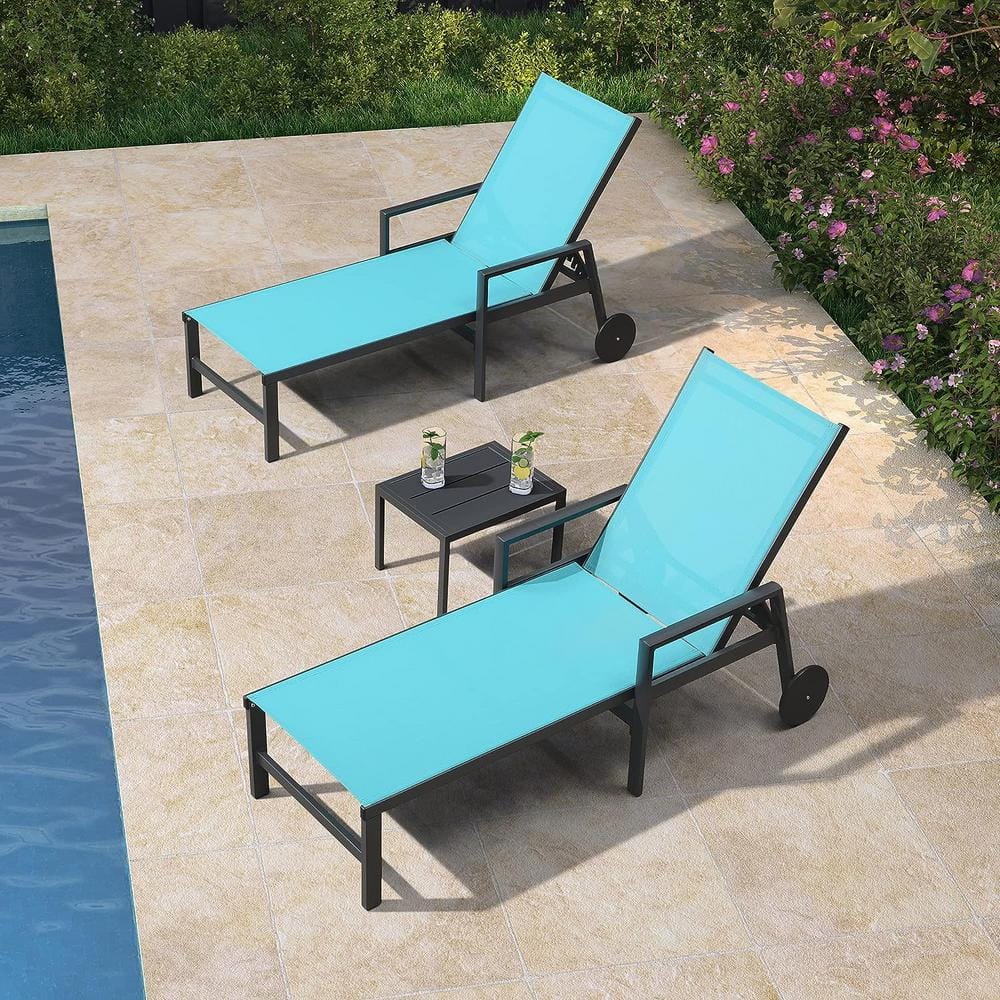 PURPLE LEAF 3-Pieces Aluminum Outdoor Chaise Lounge Chair with Wheels ...