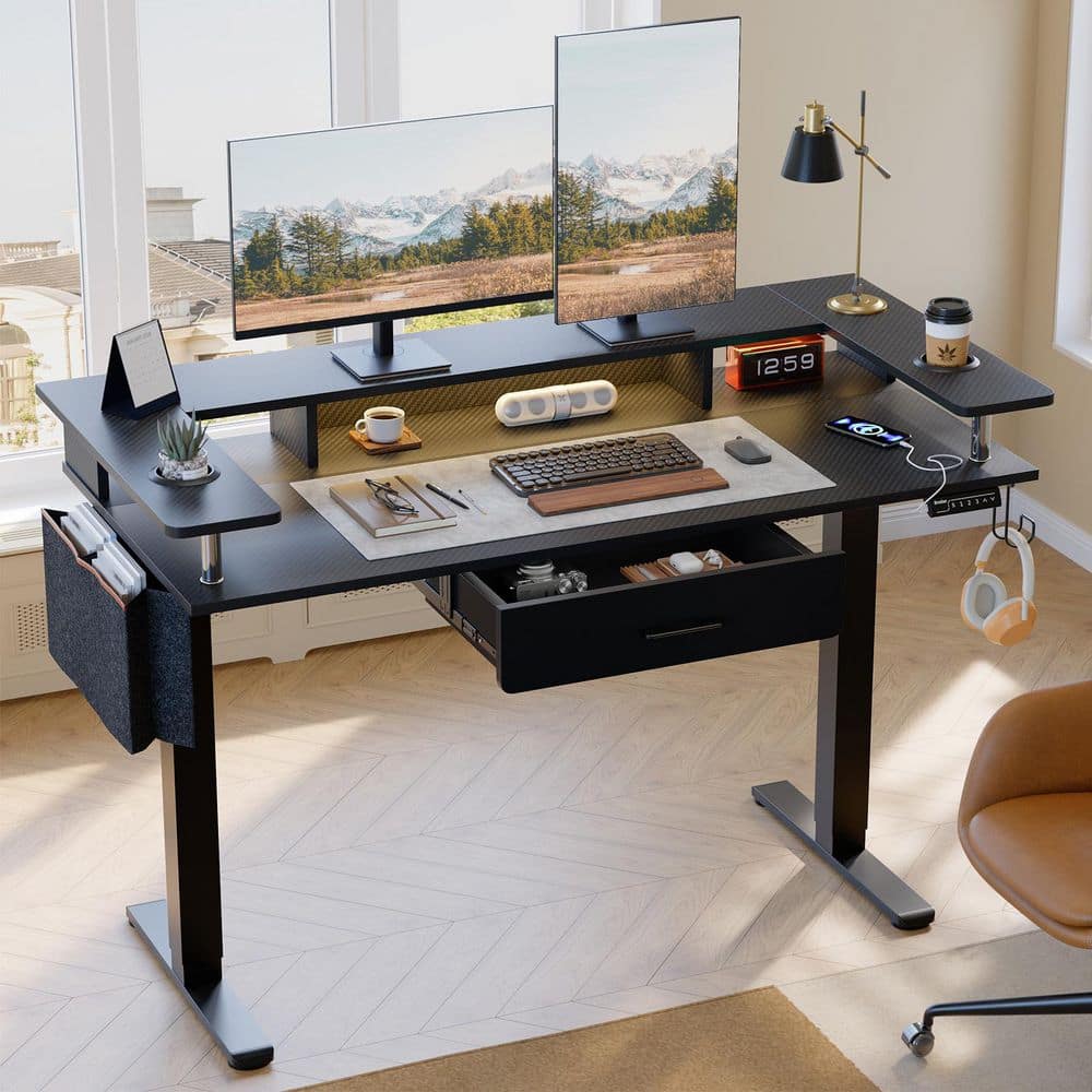 Bestier 58 in. Rectangular Black Carbon Fiber Wood Sit to Stand Desk ...