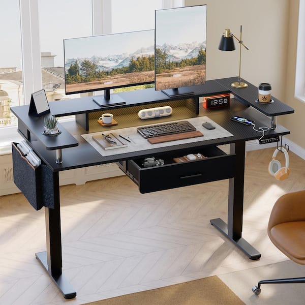 Bestier 58 in. Rectangular Black Carbon Fiber Wood Sit to Stand Desk ...